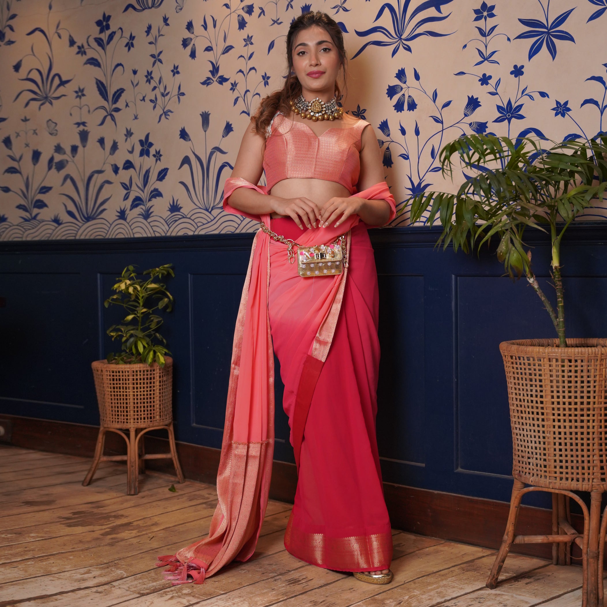Avantika in Fusion Peach-Red Feather Soft Saree – House of Vardha