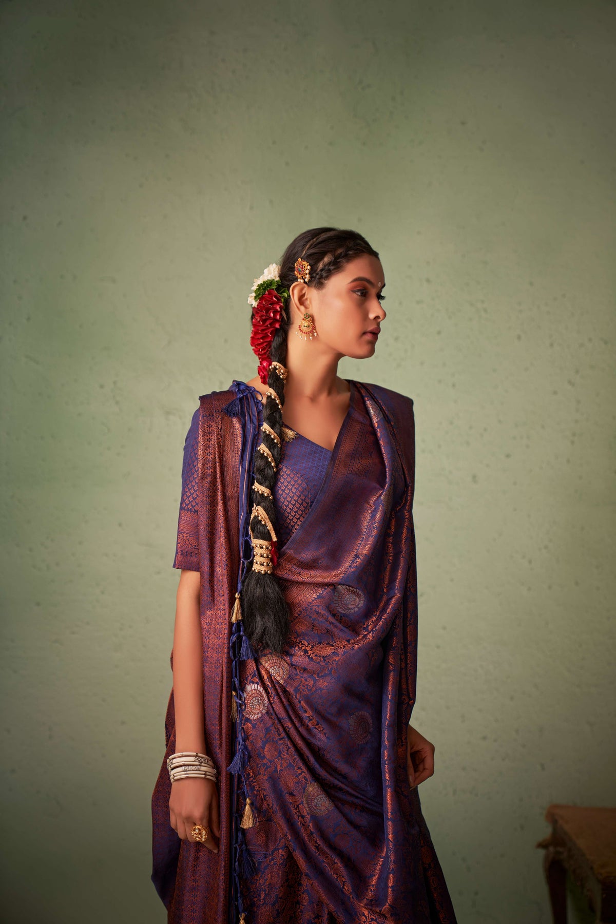 Midnight Blue Copper Zari Kanjivaram Silk Saree - House of Vardha